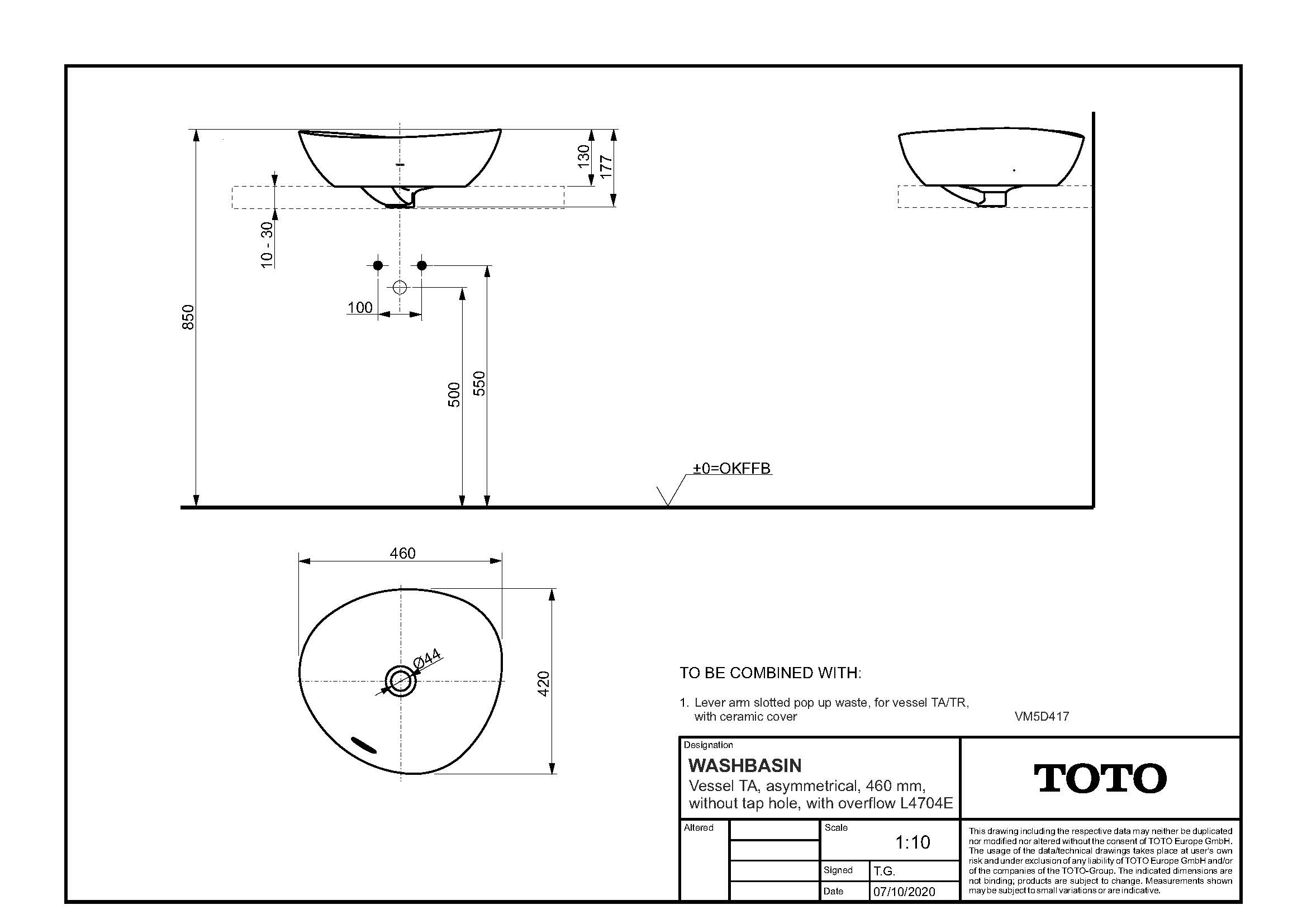 TOTO Aufsatzwaschtisch TA 46x42x17,7cm, ohne Hahnloch, mit Überlauf ...