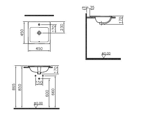 VitrA Bad Einbau-Waschtisch S20 45 x 45 cm, mit Überlauf, 1 Hahnloch ...
