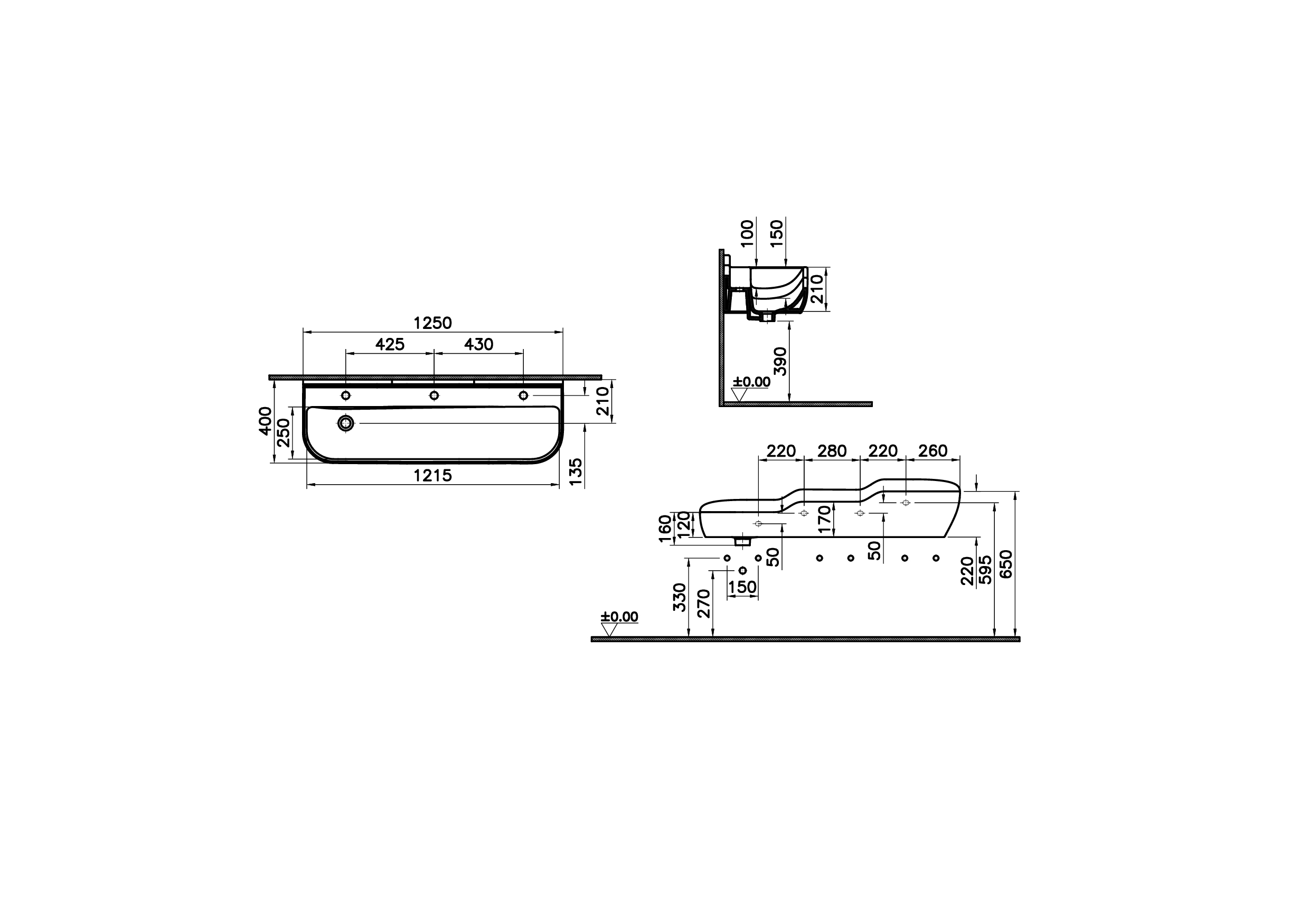 VitrA Bad Reihen-Waschtisch Sento Kids 125x40cm, 3 Höhen, je Becken 1 ...